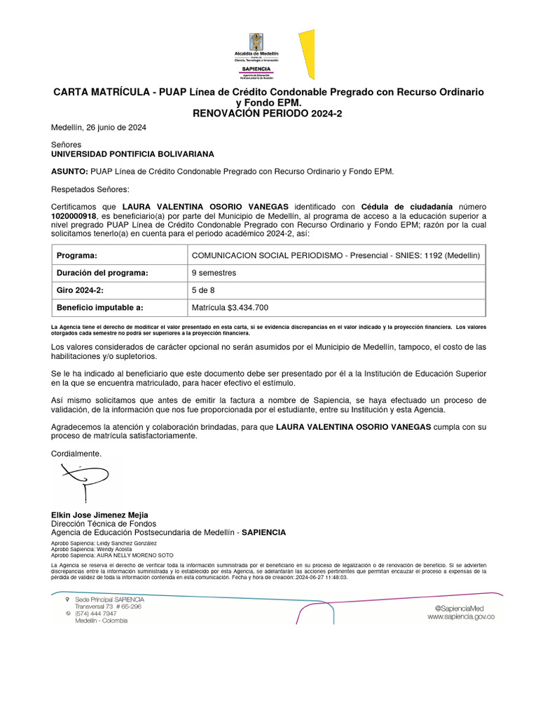 CARTA MATRÍCULA - PUAP Línea de Crédito Condonable Pregrado Con Recurso Ordinario y Fondo EPM ...