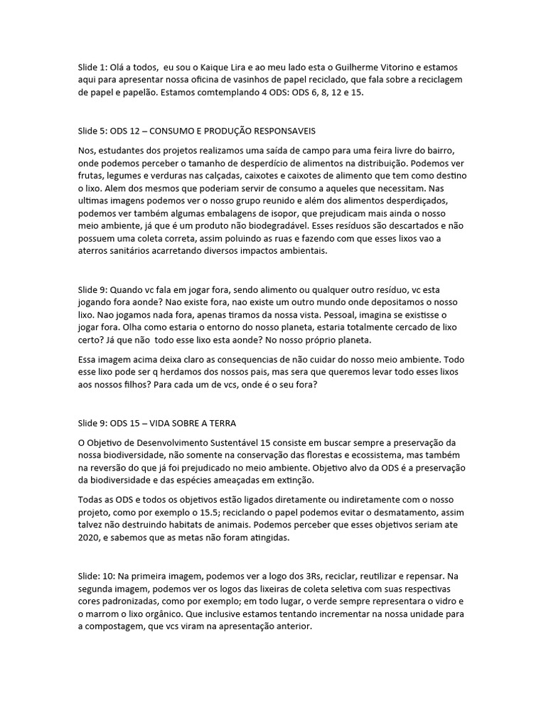Texto PPT Ods | PDF | Desperdício | Reciclagem