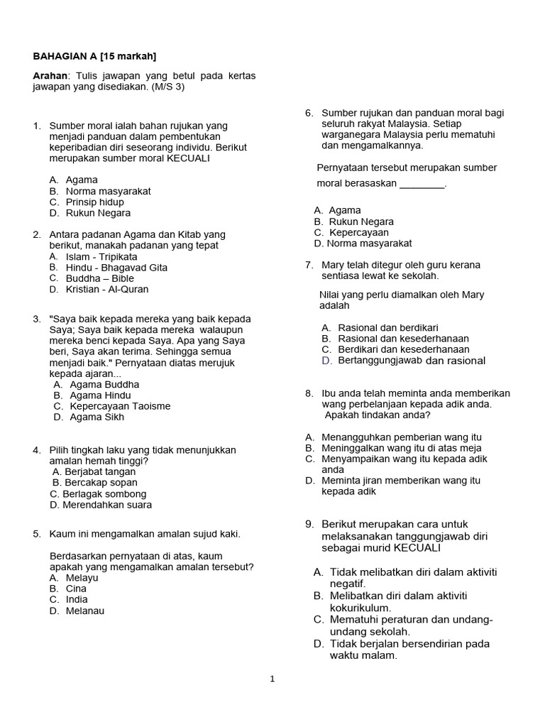 Soalan Exm Moral PPT 2021 | PDF