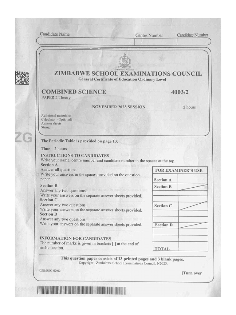 N2023 P2 4003 Zimsec Combined Science-1 | PDF