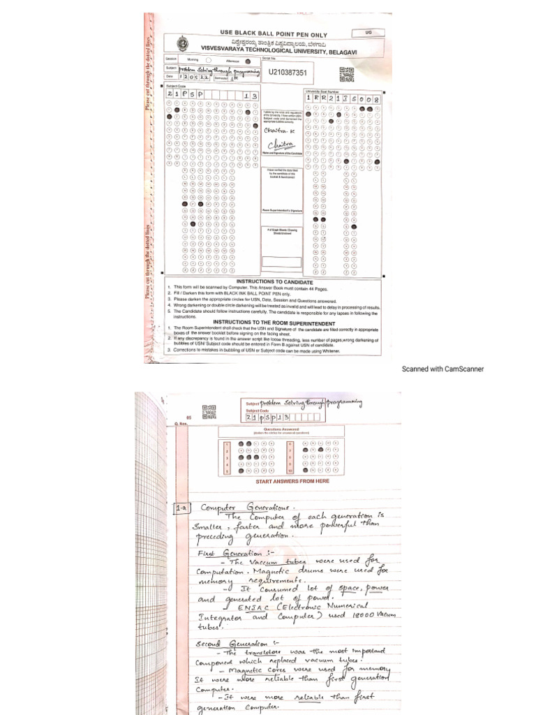 Correct Filling of First Page of Answer Booklet VTU | PDF