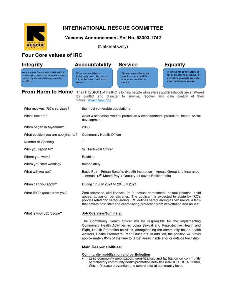 IRC-Community Health Officer -29 July 2024 | PDF