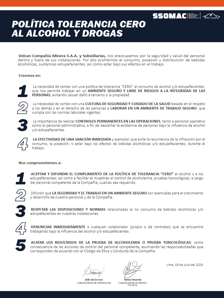 Política de Tolerancia Cero al Alcohol y Drogas | PDF | Tolerancia ...