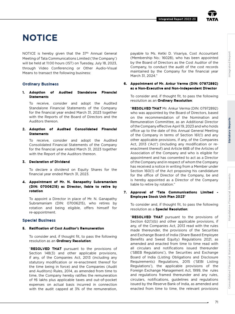 TATA Communication NOTICE | PDF | Dividend | Securities (Finance)