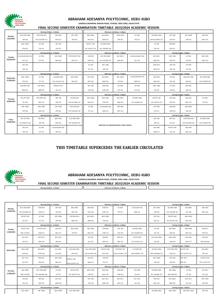 Final Second Semester Exam Timetable | PDF | Schools | Educational Institutions