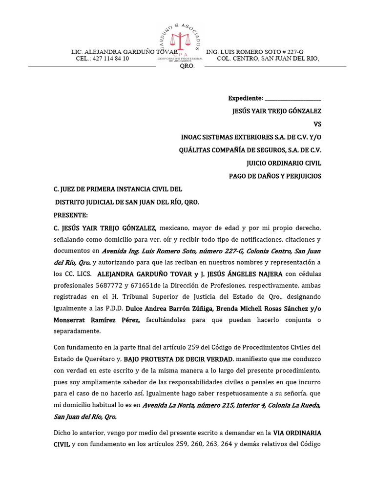 DEMANDA INICIAL JESUS YAIR TREJO GONZALEZ Vs QUALITAS Y ABC INOAC | PDF