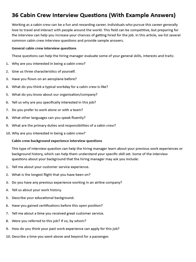 36 Cabin Crew Interview Questions | PDF | Flight Attendant | Interview