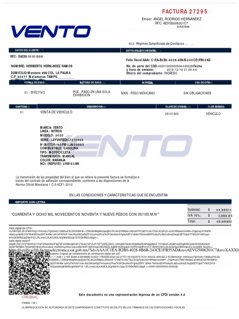 Factura Venta Motocicleta Vento 2020 | PDF | Vehículos