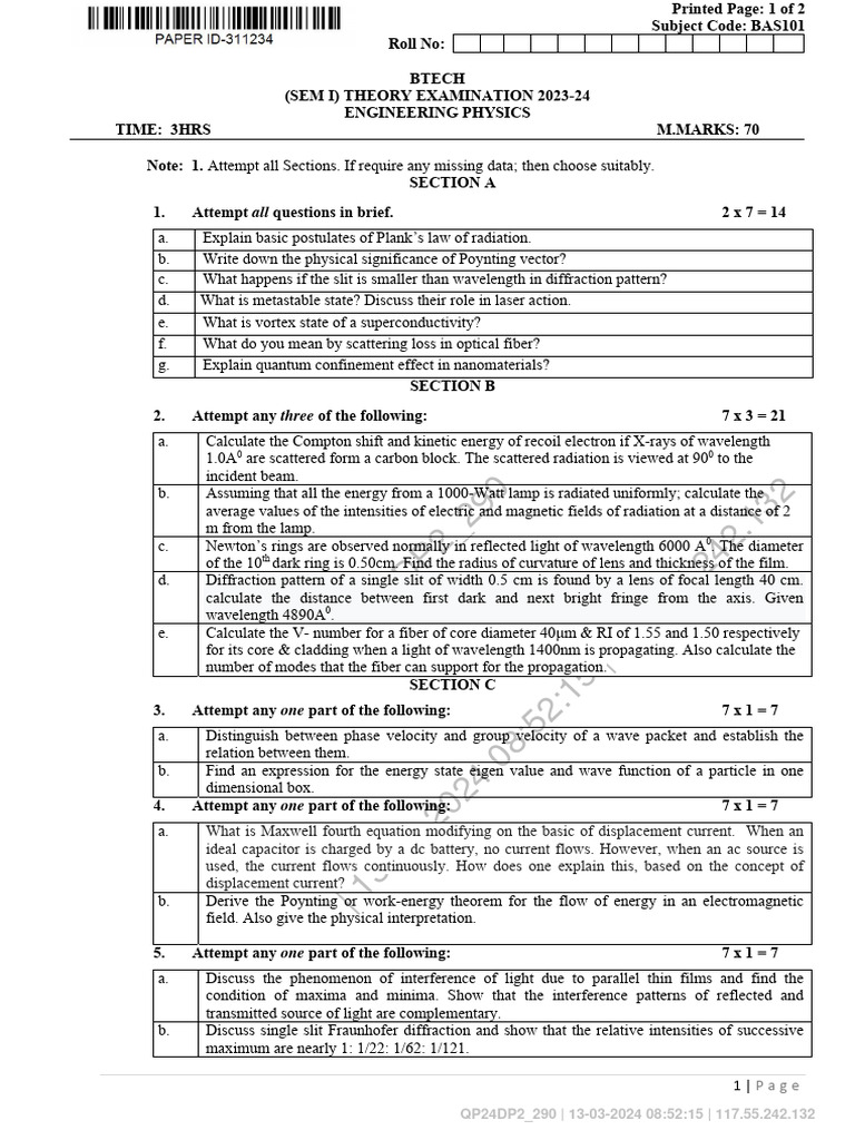 Bas101 Engineering Physics | PDF | Diffraction | Waves