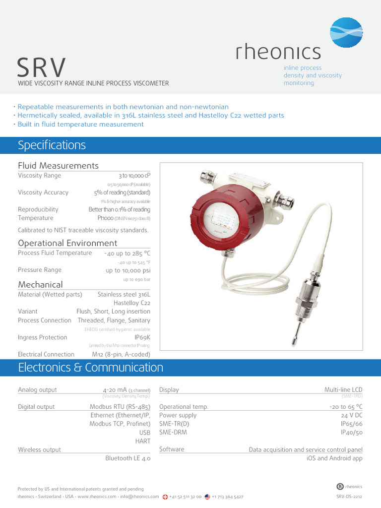 Rheonics Datasheet SRV Process Viscometer A4 Small | PDF