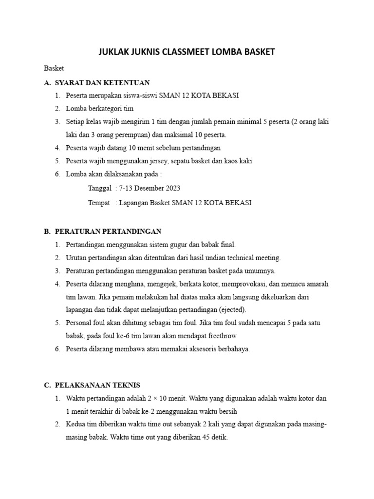 Juklak Juknis Classmeet Lomba Basket | PDF