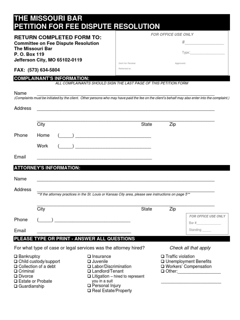 Missouri Bar Fee Dispute Form | PDF | Lawyer | Mediation