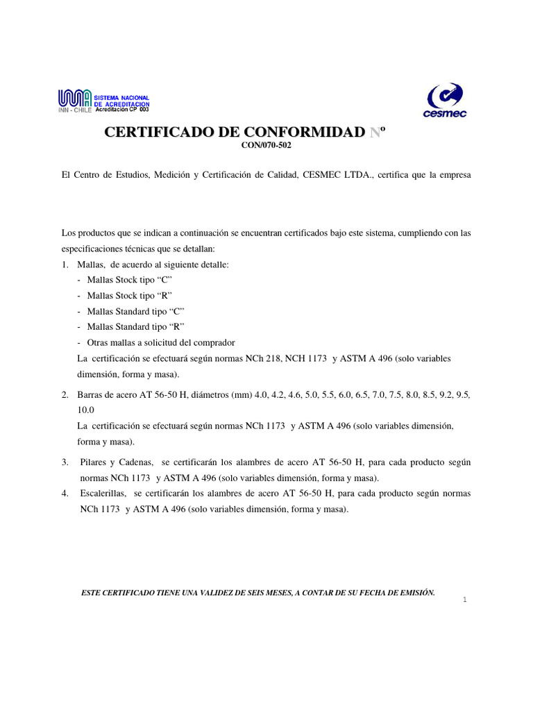 Ertificado Conformidad Acreditacion Inn Cesmec | PDF