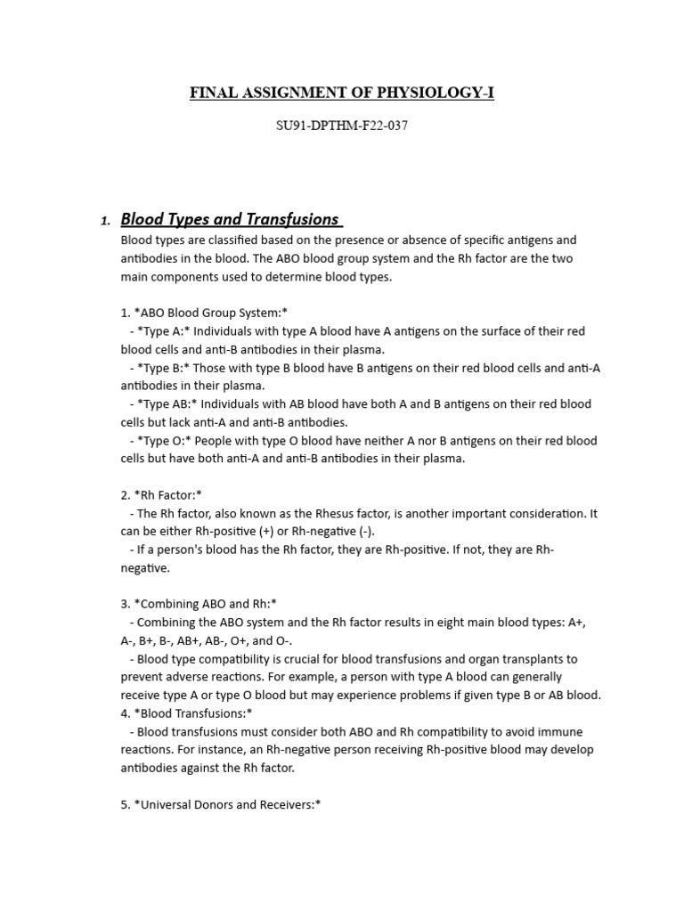 Blood Types and Transfusions: Final Assignment of Physiology-I | PDF ...