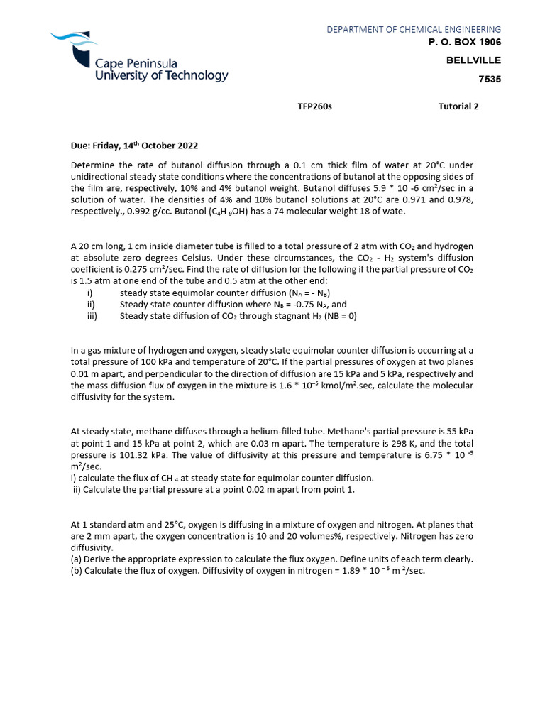 Tutorial 02 2022 | PDF | Diffusion | Oxygen