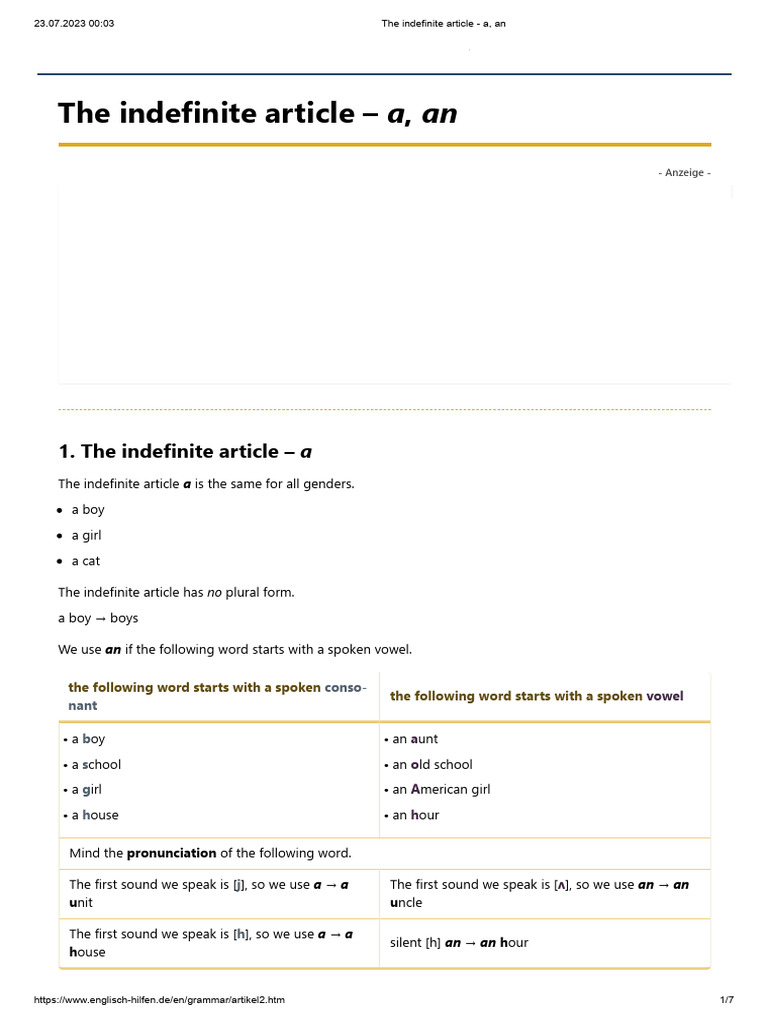 The Indefinite Article - A, An | PDF | Languages | Foreign Language Studies
