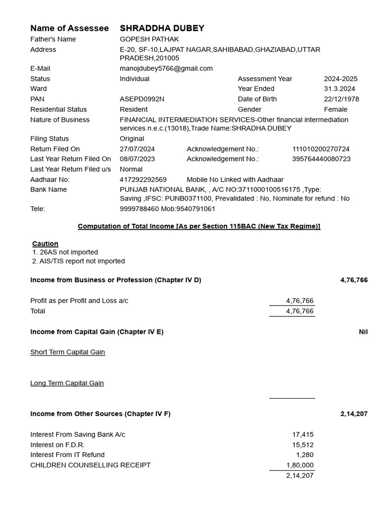 Shraddha Dubey Computation 2024-25 | PDF | Capital Gain | Taxes