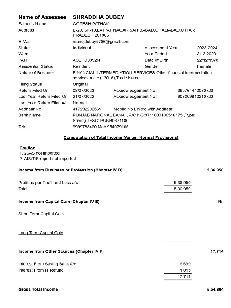 SHRADDHA DUBEY COMPUTATION 2023-24 | PDF | Taxes | Capital Gain