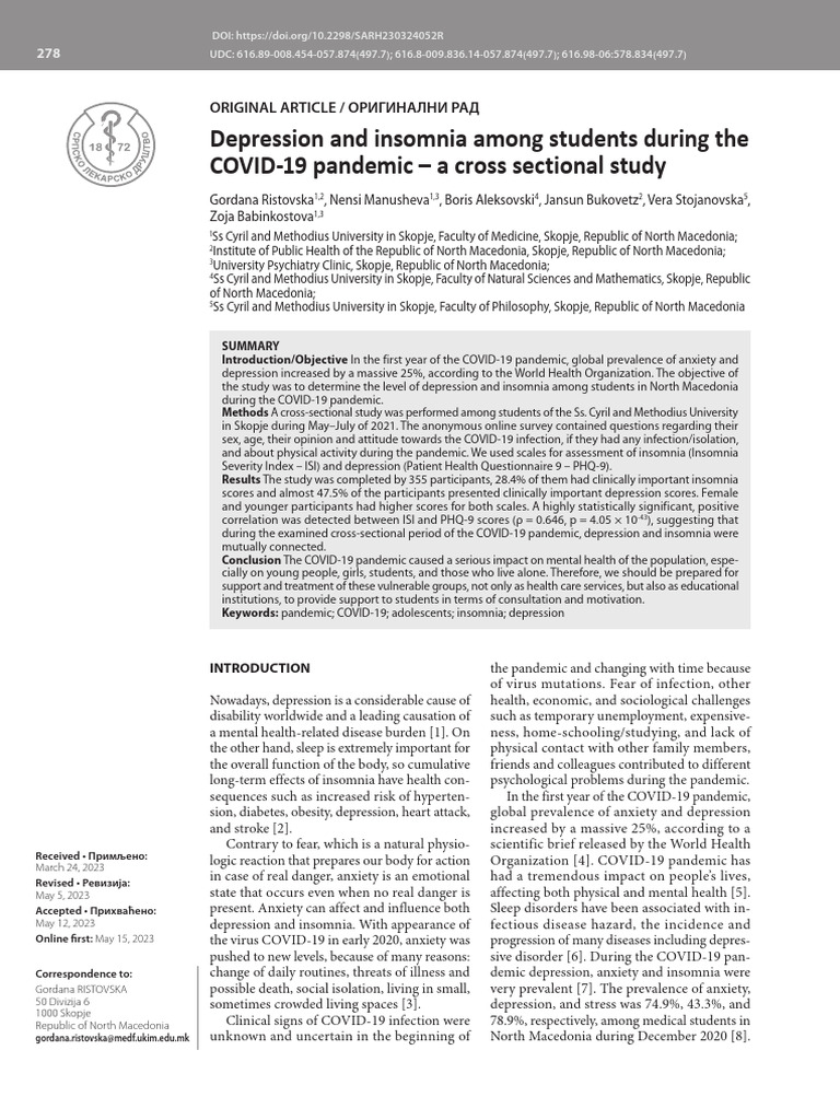Depression and Insomnia Among Students During COVID-19 Pandemic - Cross ...