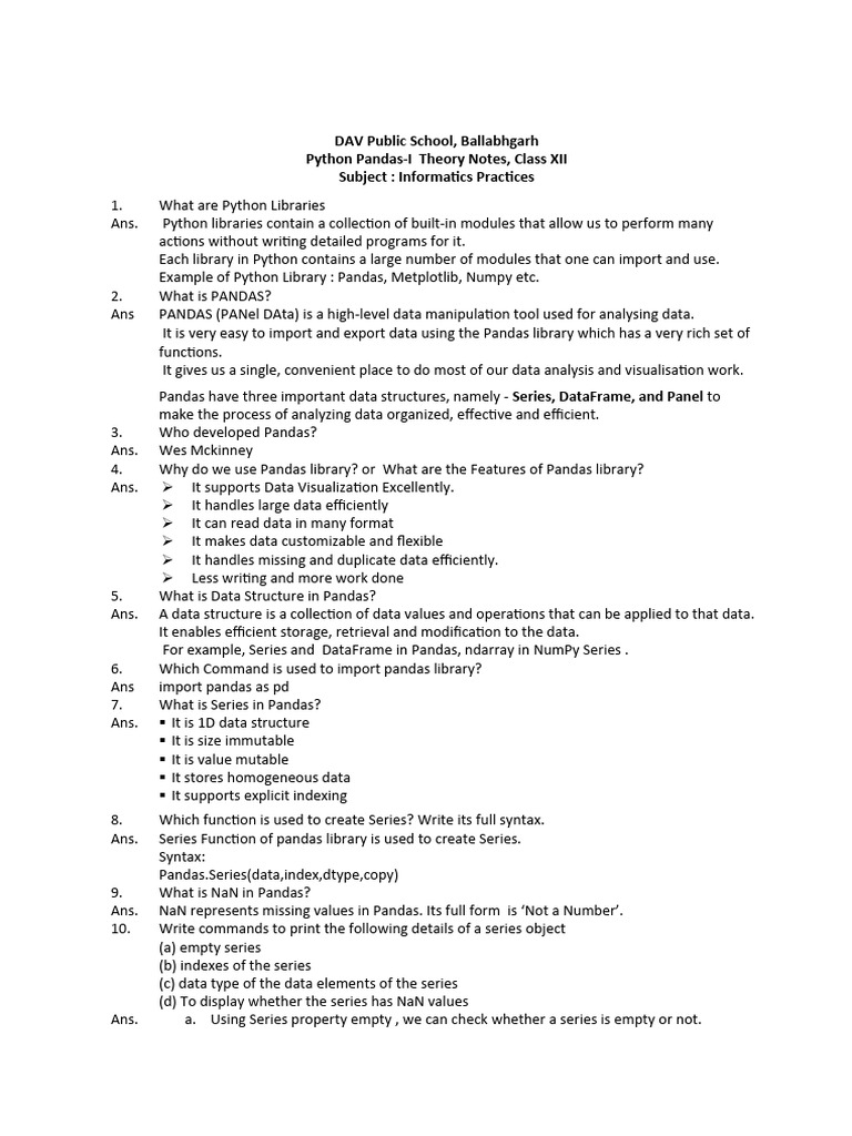Pyhton Panadas Notes Class 12 | PDF | Software Engineering | Computing Pyhton Panadas Notes Class 12 | PDF | Software Engineering | Computing
