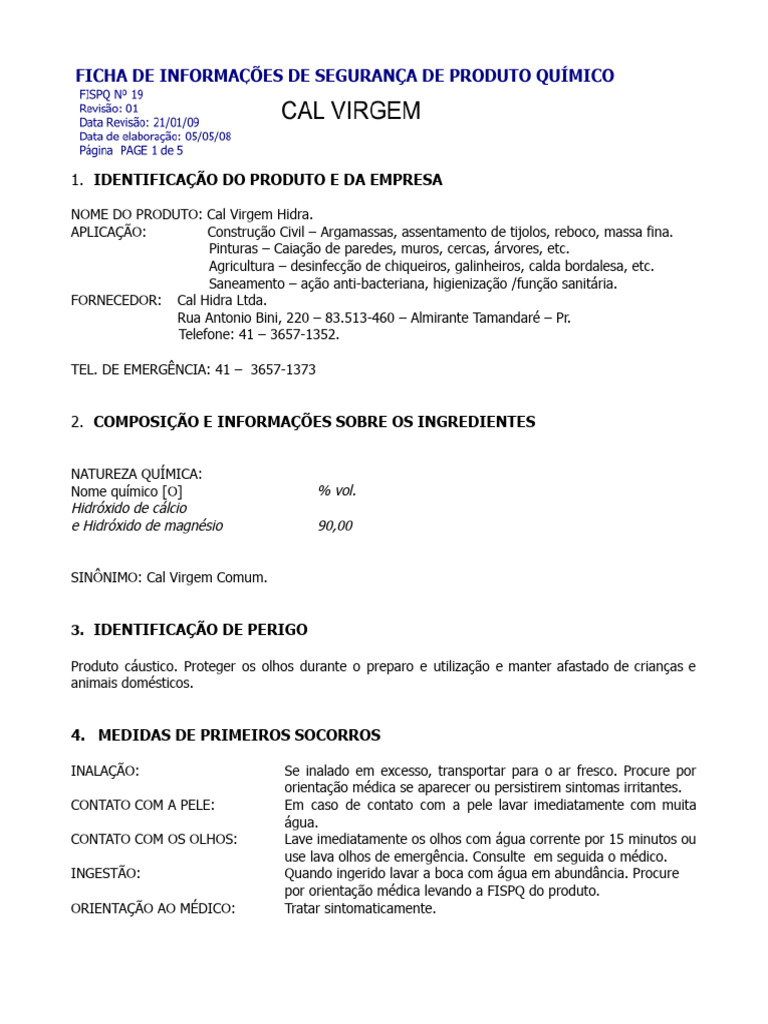 FISPQ Cal Virgem | PDF | Embalagem e rotulagem | Desperdício