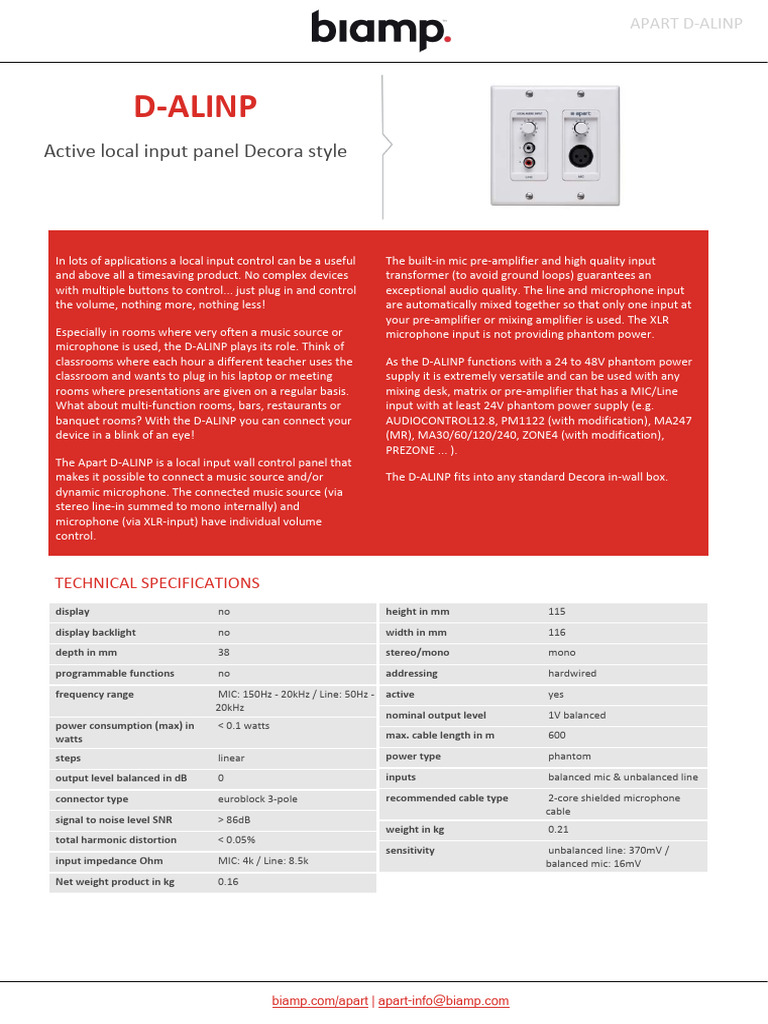 Biamp Data Sheet D-Alinp | PDF | Microphone | Sound