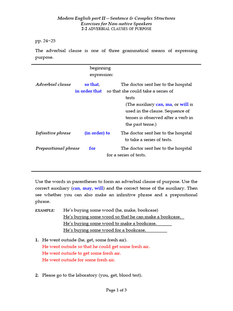 Adverbial Clauses of Purpose Explained | PDF | Phrase | Preposition And ...