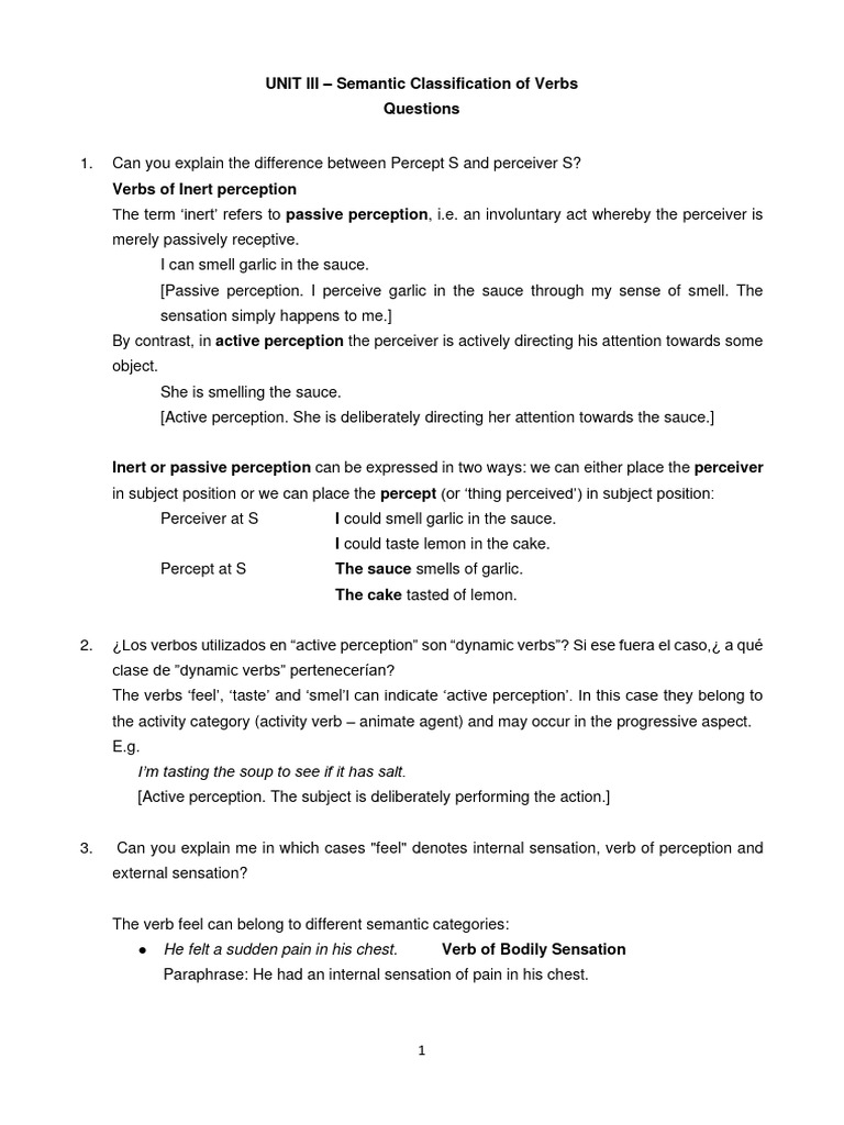 Unit III Semantic Classifications of Verbs Answers To Questions | PDF ...