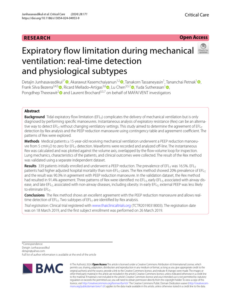Expiratory Fow Limitation During Mechanical Ventilation: Real-Time Detection and Physiological ...