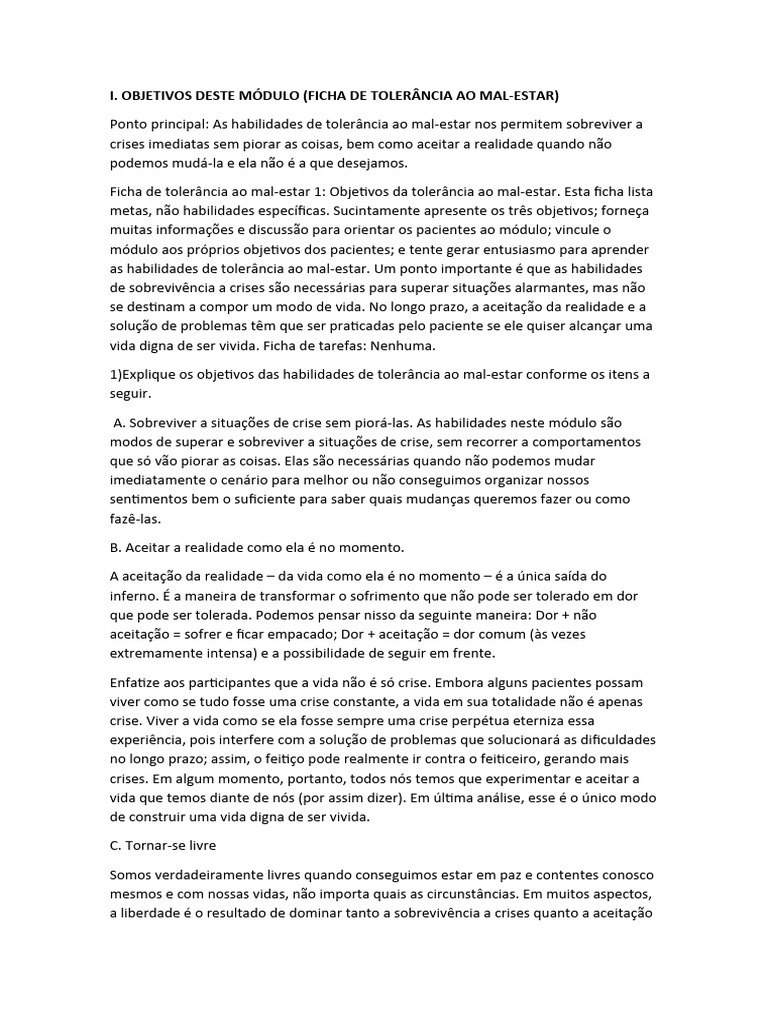 Ficha de Tolerancia Ao Mal Estar | PDF | Realidade | Dor