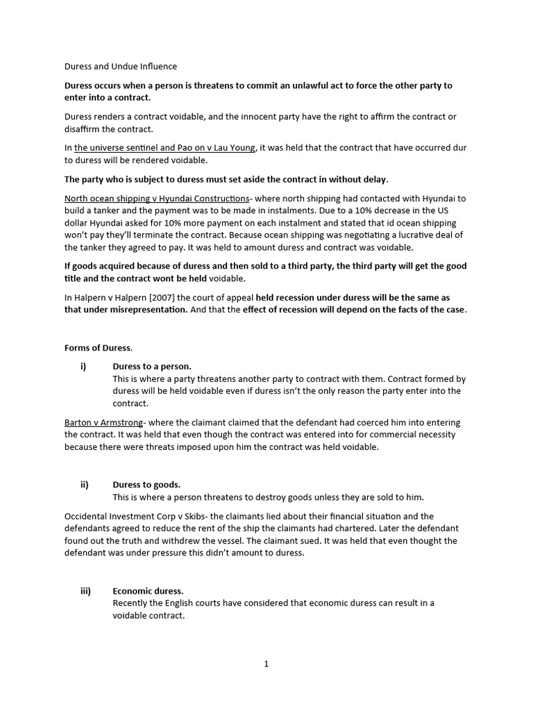 Duress and Undue Influence | PDF | Common Law | Private Law