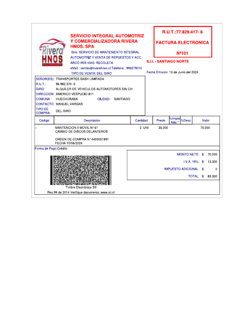 Factura N°101 - Bash - MOVIL N°61 | PDF