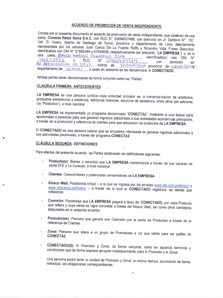 Acuerdo de Promocion Venta Independiente - Conecta Retail Selva Sac | PDF