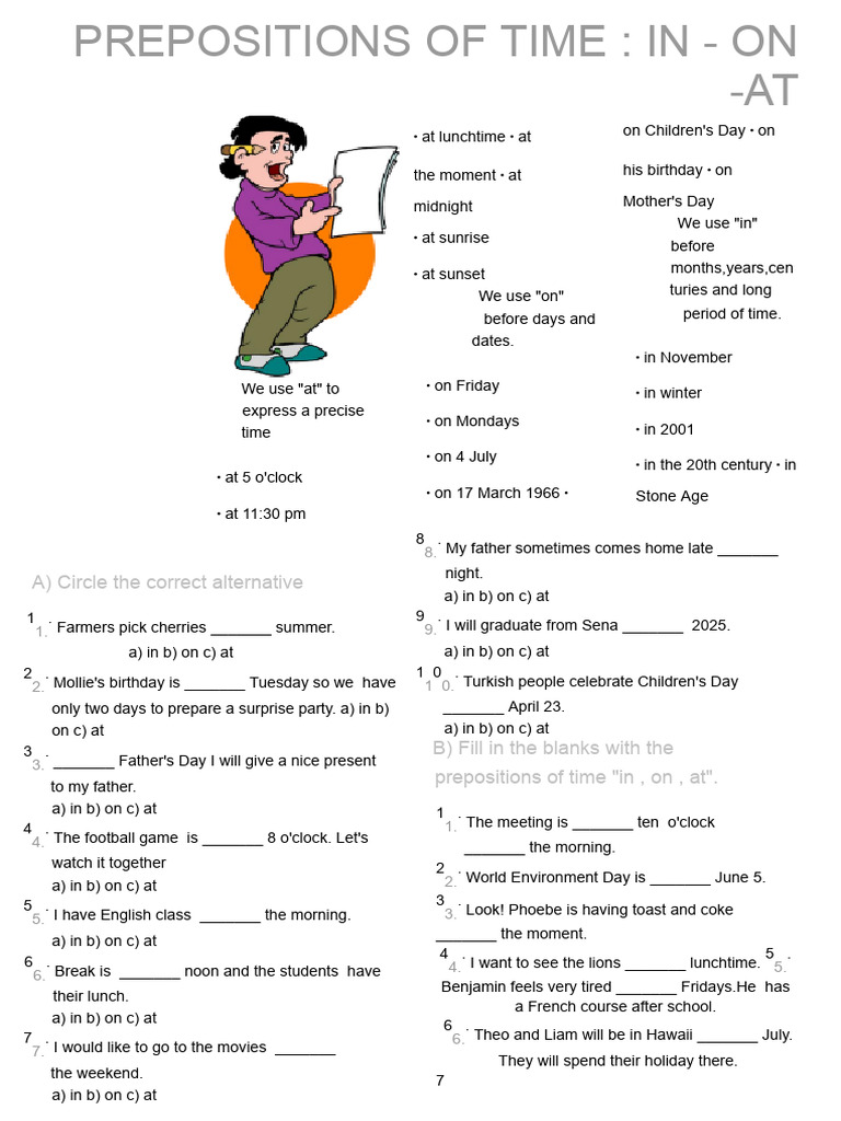 Prepositions of Time in On at Esl Grammar Exercises Worksheet | PDF