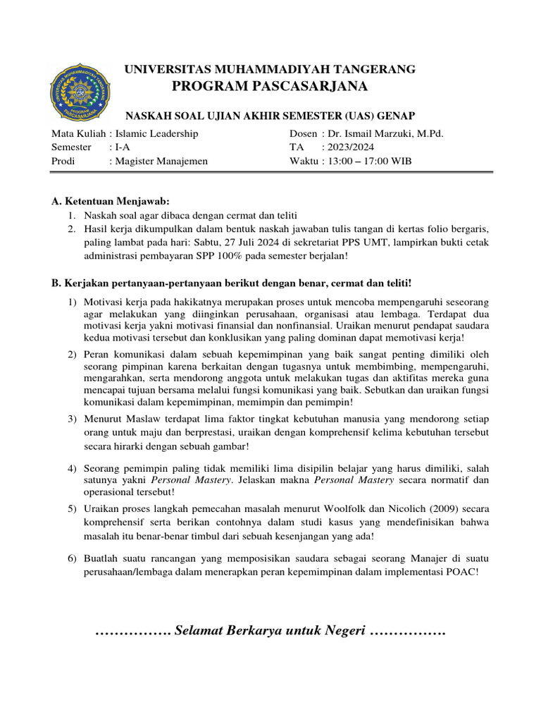 UAS Islamic Leadership 2023/2024 | PDF