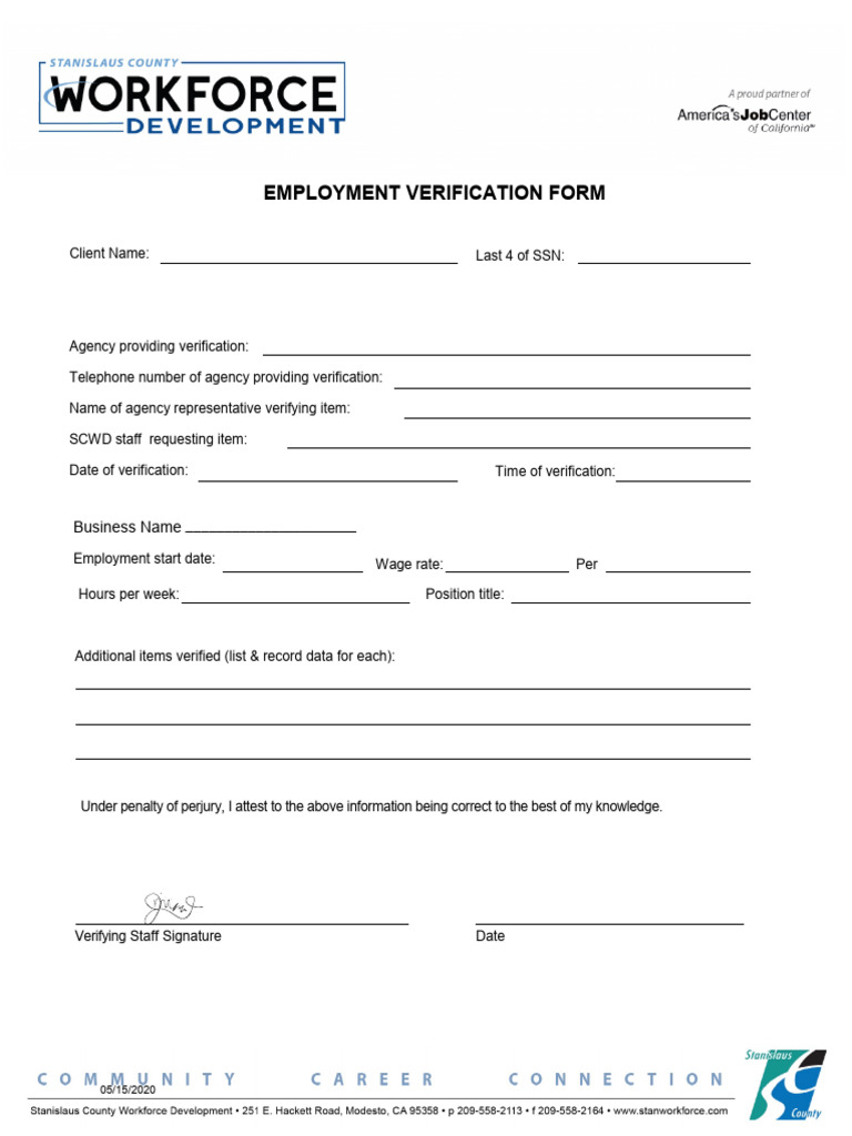 Employment Verification Form - SCWD | PDF