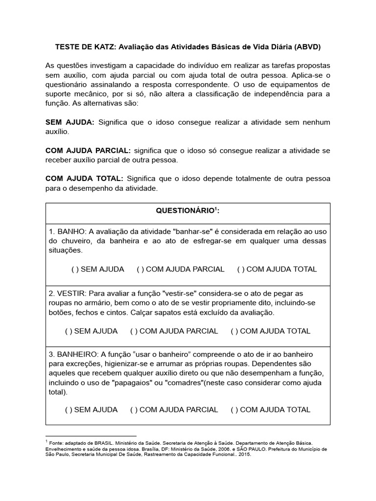Avaliação Geriátrica - Escala de Katz | PDF