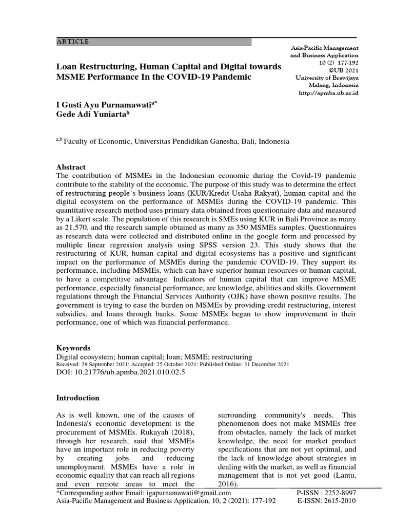 Loan Restructuring, Human Capital and Digital Towards MSME Performance ...