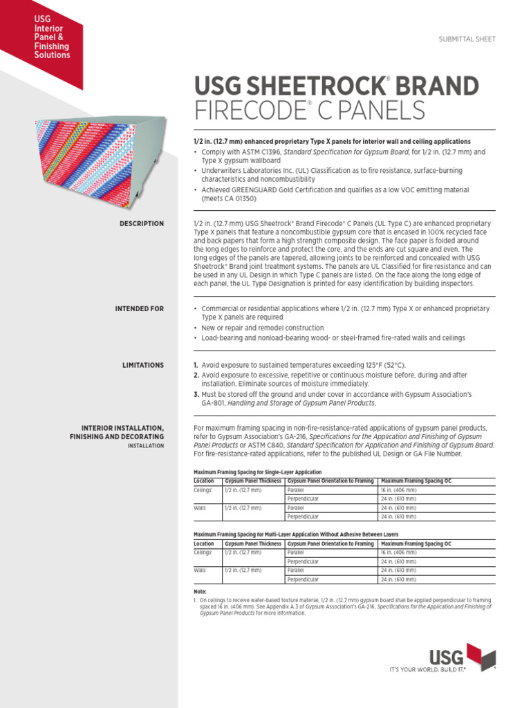 Usg Sheetrock Firecode C Panels Submittal en Usa WB2965 | PDF | Drywall | Materials