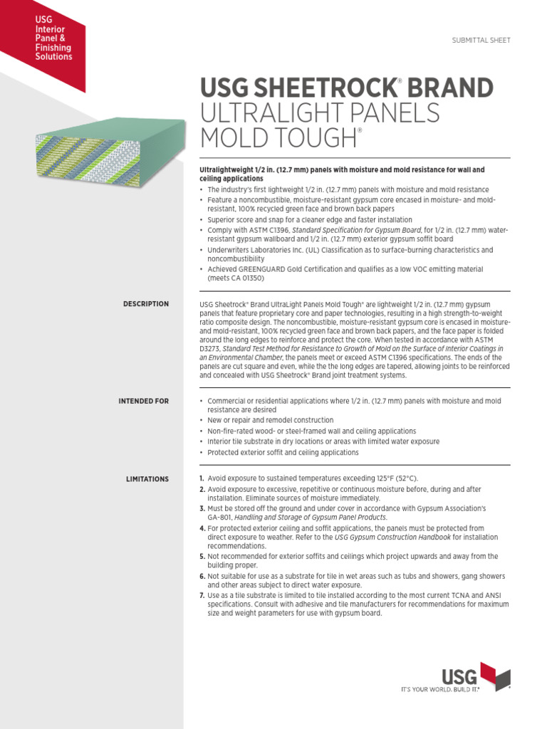 Sheetrock Ultralight Mold Tough Panels Submittal en WB2660 | PDF ...