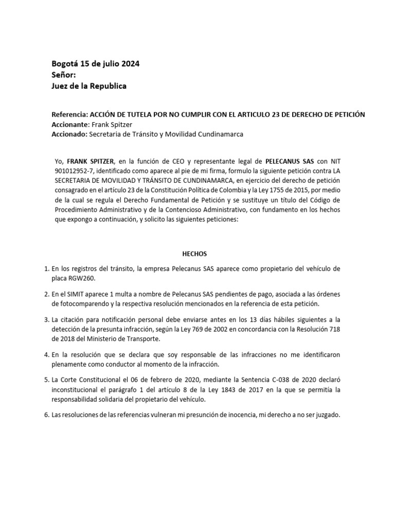 Tutela Fotomulta 20240712 | PDF | Petición | Derecho Constitucional