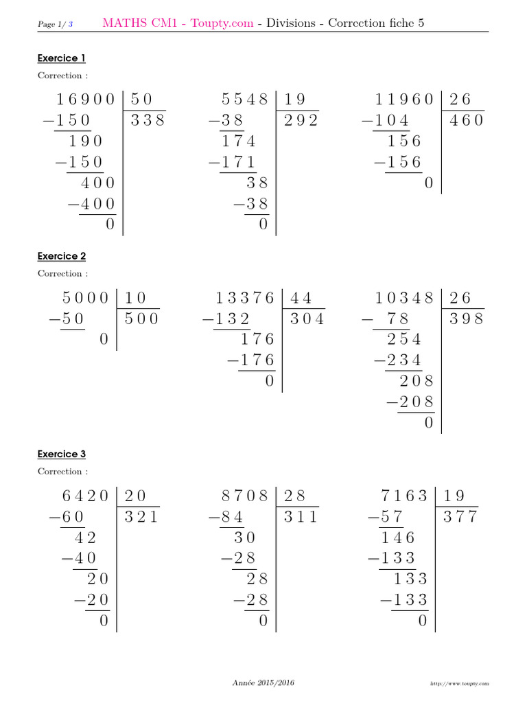 Divisions CM1 - Correction Fiche 5 | PDF