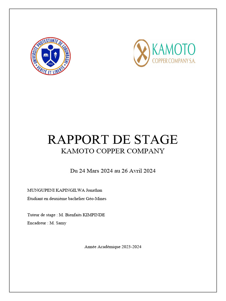 Rapport de Stage à KCC 2024 | PDF | Exploitation minière