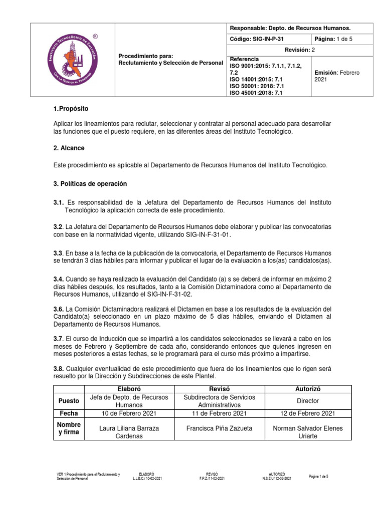 SIG in P 31 Procedimiento para El Reclutamiento y Seleccion de Personal REV 2 1 | PDF | Gestión ...