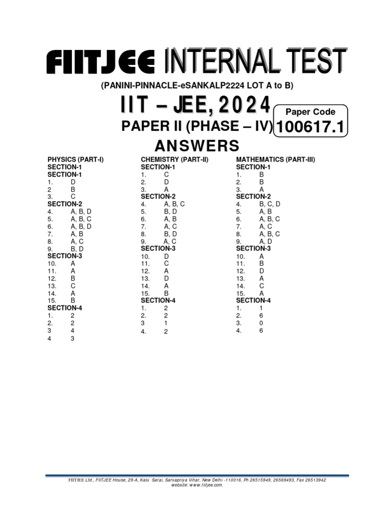 Answer Key-Ph Iv-Sankalp2224 PCM - 20-02-2023-Adv-P2-Set-A | PDF | Student Assessment And ...