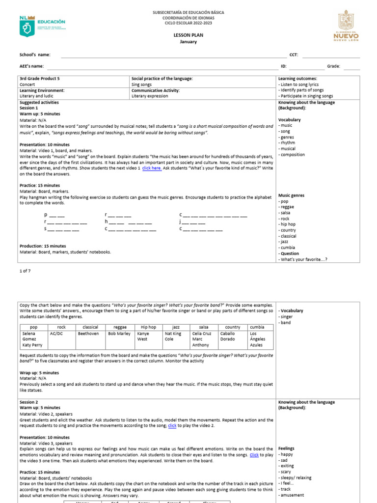 3rd Grade Music Lesson Plan | PDF | Emotions
