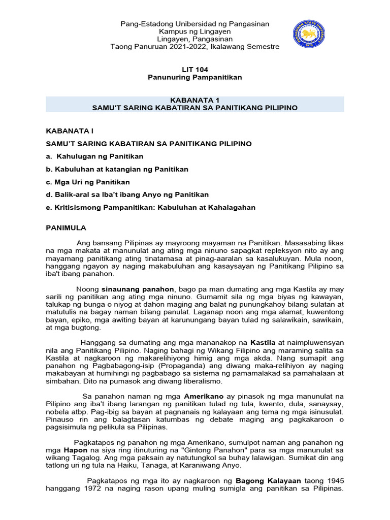 Kabanata 1 Samut Saring Kabatiran Sa Panitikang Pilipino Group 1 | PDF