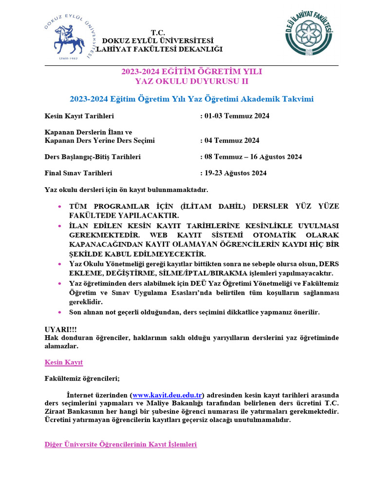 2024 Yaz Okulu Duyurusu | PDF