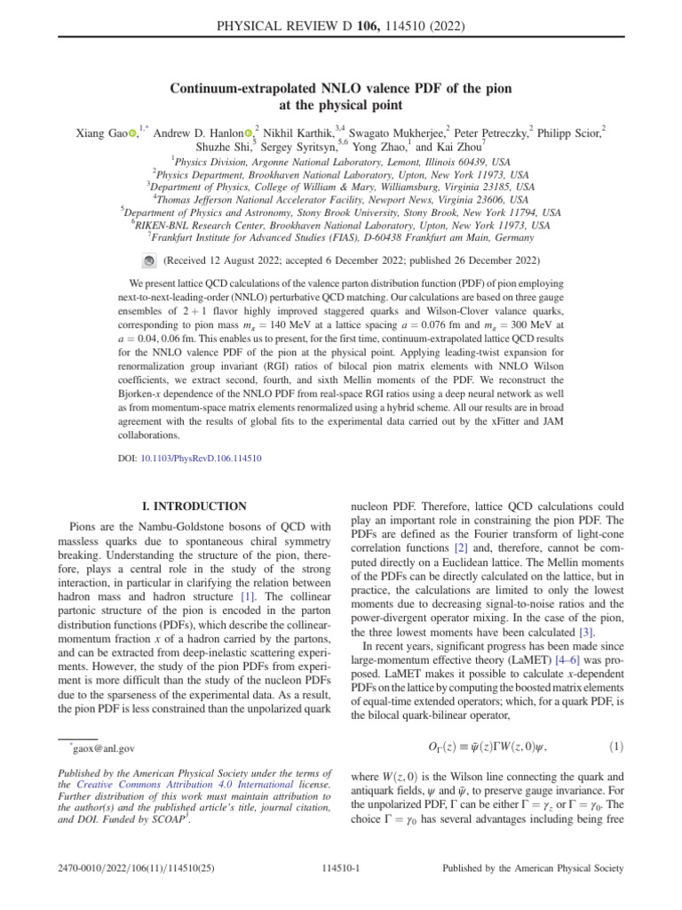 Continuum-Extrapolated NNLO Valence PDF of The Pion at The Physical Point | PDF | Quantum ...