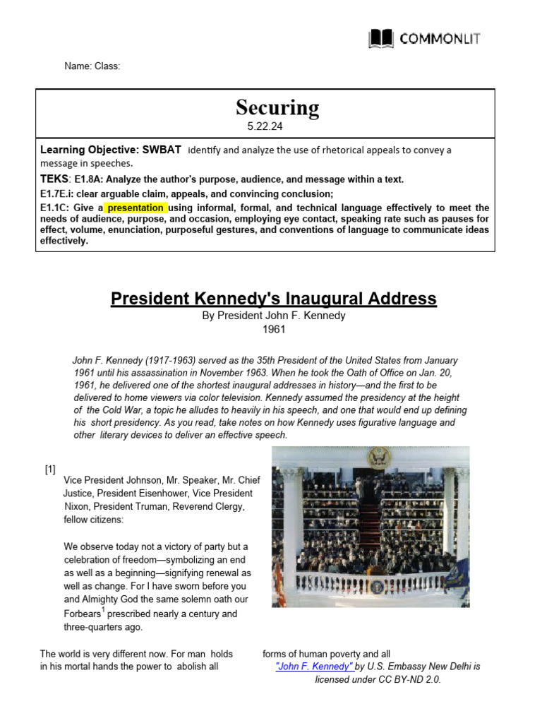 (Monday L) President - Kennedy's - Inaugural - Address-Student | PDF ...